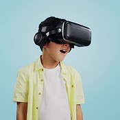 VR, child and glasses with video gaming, technology and metaverse ...