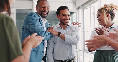 Business people, applause and congratulations for employee promotion ...