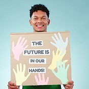 Volunteer man, protest sign and studio with smile, face or promo for ...