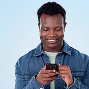 Happy black man, phone and laughing for funny joke, social media or ...