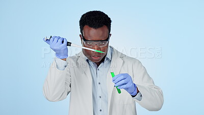 Scientist, man and doctor with pipette for research, medical innovation ...