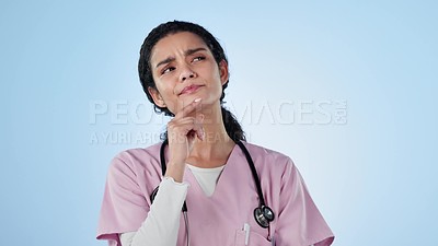 Thinking, doubt and woman nurse in a studio with reflection, question ...