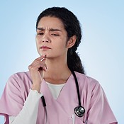 Thinking, doubt and woman nurse in a studio with reflection, question ...