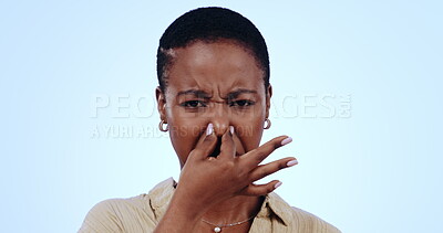 Woman, face and nose with stink or bad smell, closeup of reaction and ...