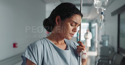 Sad, breathing and a woman with an iv drip at hospital for medicine ...