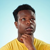 Thinking, doubt and black man with solution, confused and questions ...