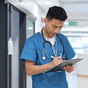 Doctor, planning and writing in documents, medical checklist or charts ...