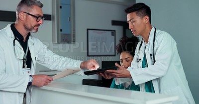 Receptionist, doctor paperwork and hospital people, nurse or surgeon ...