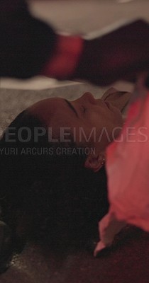 Crime scene, person and dead body cover for accident at night in road ...