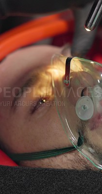 Paramedic, woman and oxygen mask on road, accident or injury with ...