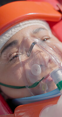 Ventilation, first aid and woman breathing after accident, injury and ...