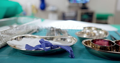 Surgery tools, equipment and metal on desk in hospital, operation ...