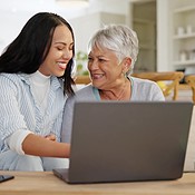 Woman, senior mom and teaching with laptop glitch, error and mistake ...