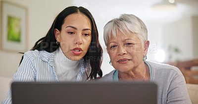 Woman, senior mom and teaching with laptop glitch, error and mistake ...