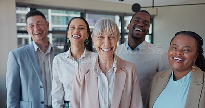 Business people, face and group with laugh in office for partnership ...