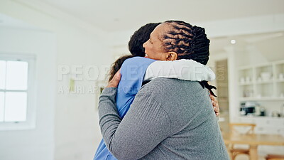 Mature patient, nurse and happy people hug, bond and woman with thank ...