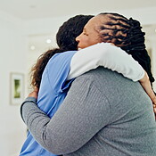 Mature patient, caregiver and happy people hug, bond and woman ...