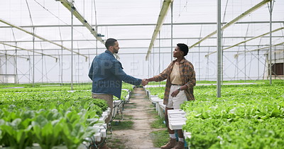 People, handshake and teamwork for plants in greenhouse for partnership ...