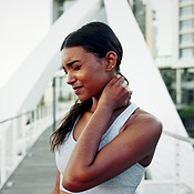 Woman, neck injury and pain in accident from workout strain or running ...