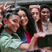 Friends, women and selfie outdoor, influencer group and memory in the ...