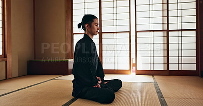 Martial arts person, meditation and floor with hands, feet and peace in ...