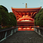 Japanese temple, building and stairs for religion and traditional with ...