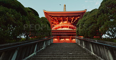 Japanese temple, building and stairs for religion and traditional with ...