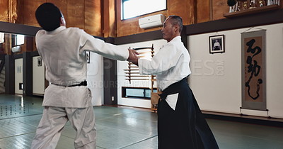Aikido, sensei and master in a fight of martial arts with student in ...
