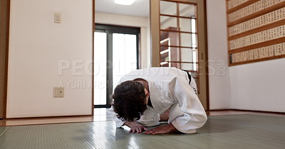 Man, student and bowing for aikido in dojo with greeting for respect ...