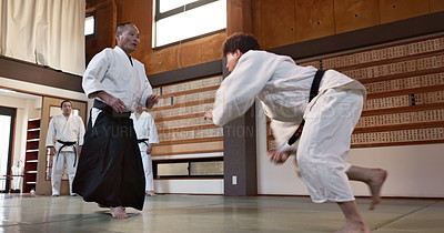 Men, aikido fighting and sensei for self defence, practice and black ...