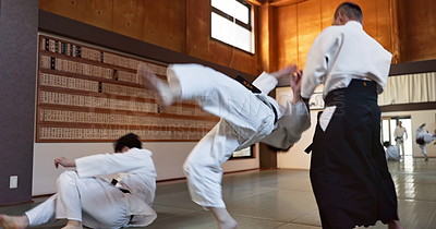 Students in dojo with sensei for aikido training, fitness and ...