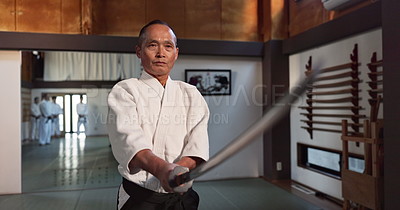 Aikido, katana and master fight with a sword in traditional Japanese ...