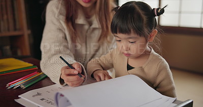 Japanese Mom, child and education with homework, writing and books for ...
