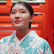 Woman, Japan and kimono or traditional culture at Fushimi Inari, shrine ...