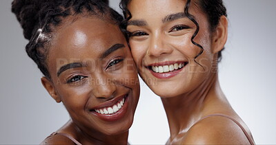 Women, face and skincare with laughing in studio with facial treatment ...