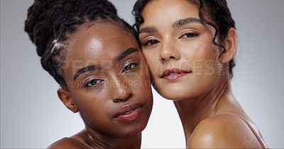 Women, face and skincare with laughing in studio with facial treatment ...