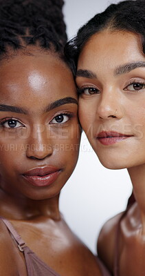 Women, face and skincare with laughing in studio with facial treatment ...