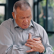 Old man, heart attack and cardiovascular health with chest pain, risk ...