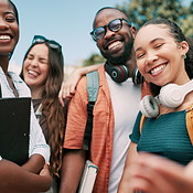 University, friends and face of students for selfie on campus for ...