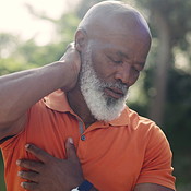 Old man, neck pain in park and spine injury with health, medical ...