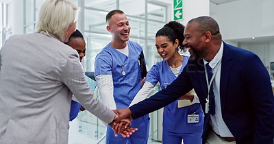 Happy people, doctor and hands together in teamwork for motivation ...