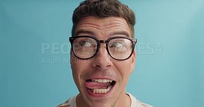 Happy man, face and glasses of geek or nerd with silly facial ...