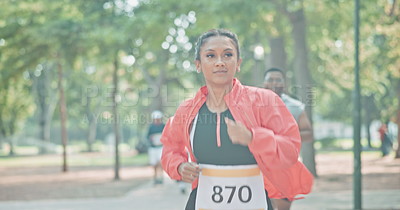 Exercise, marathon and woman running with group on road outdoor for ...
