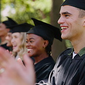 University, students and applause at graduation at ceremony in park at ...