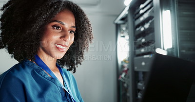 Tablet, engineer and woman on laptop in server room for cyber security ...