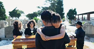 Hug, support or couple in graveyard for funeral, spiritual service or ...