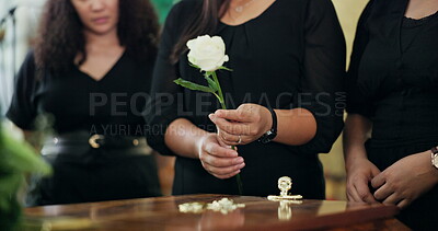 Funeral, family and child crying at coffin with flowers at memorial ...