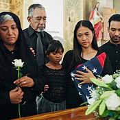 Funeral, family and service for veteran, death and mourning at church ...