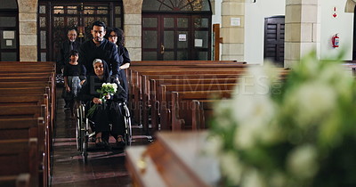 Grief, family and old woman in wheelchair at funeral together for ...