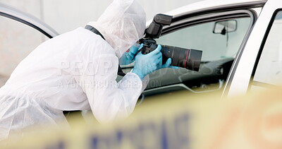 Car, crime scene and forensic photographer with pictures for evidence ...